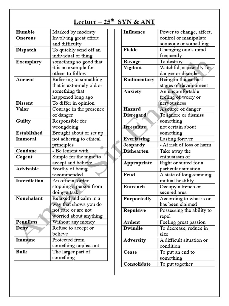 Lecture - 25 SYN & ANT (Vocab Videos) | PDF | Anxiety | Emotions