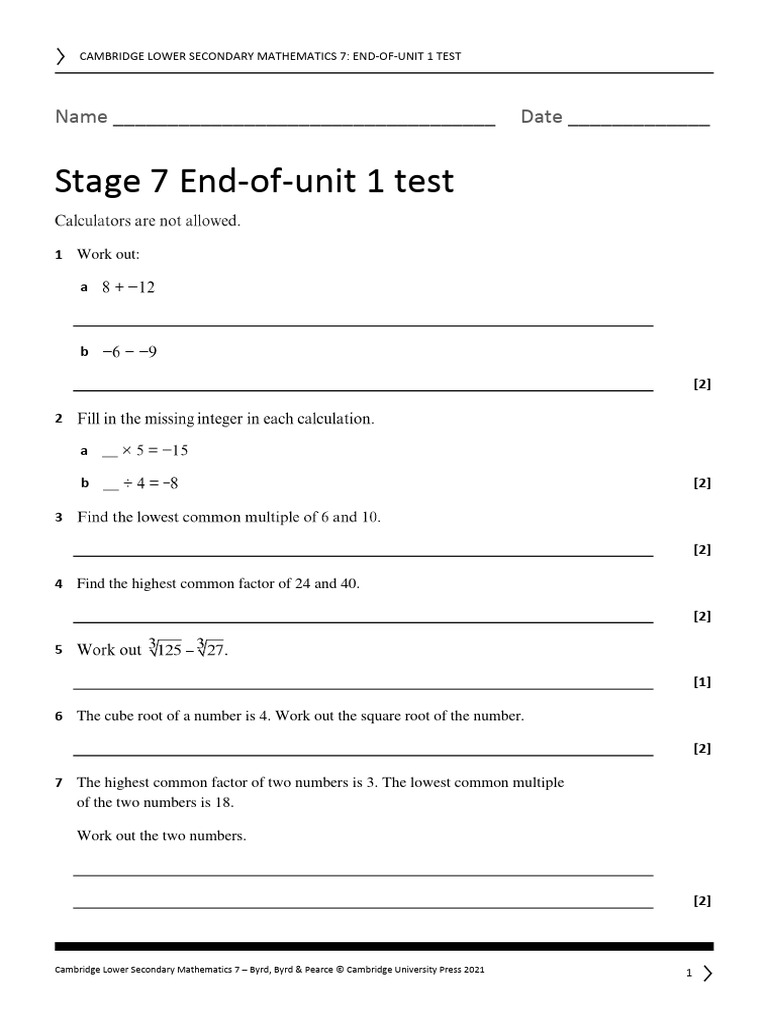 Math Y7 End of Unit Tests (With Answers) 250417 232213 | PDF | Numbers ...