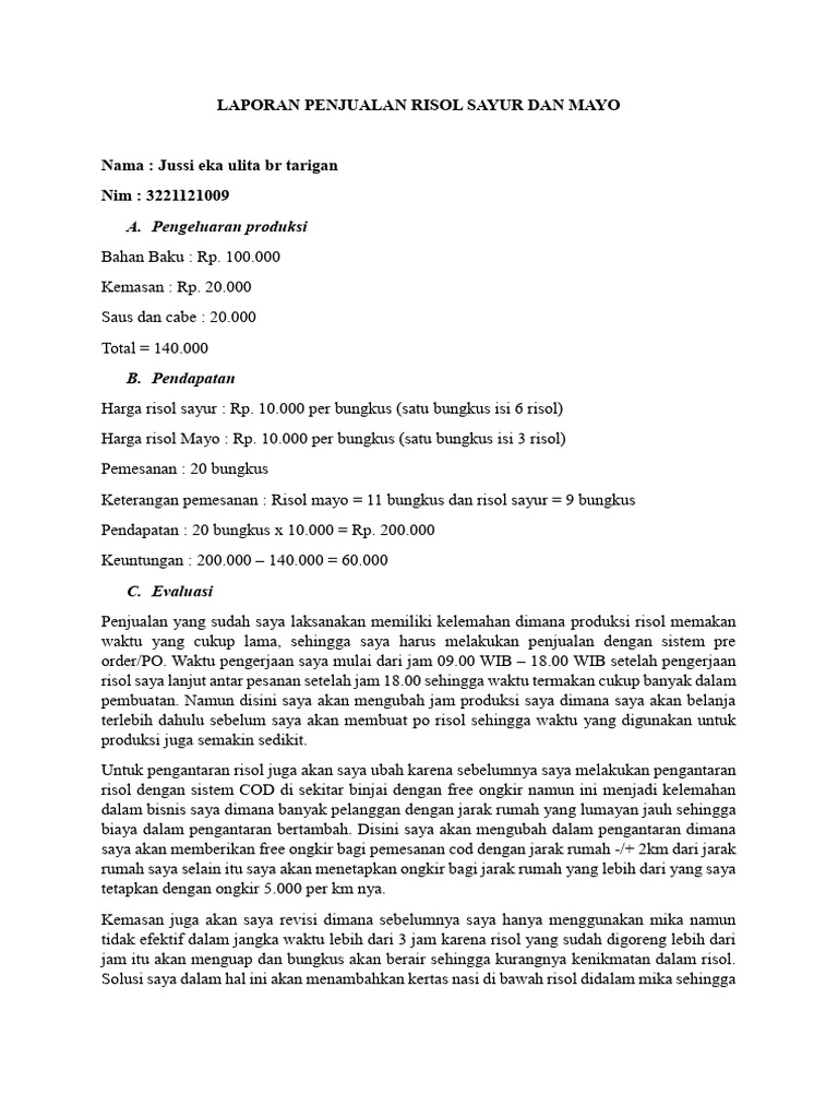 Laporan Penjualan Risol Sayur Dan Mayo | PDF