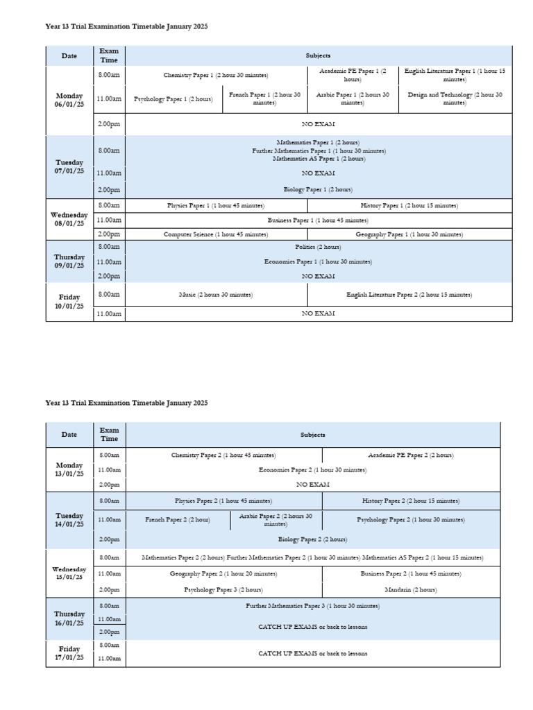 Year 13 Trial Exam Timetable Jan 2025 | PDF
