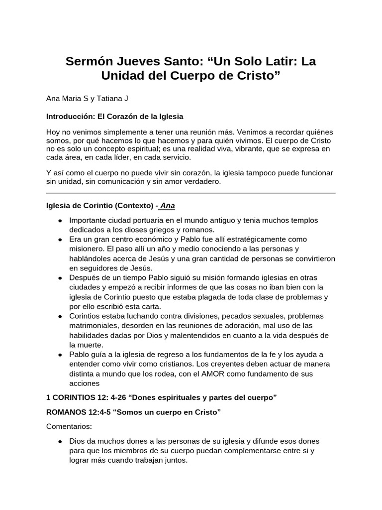 Sermón Jueves Santo - "Un Solo Latir - La Unidad Del Cuerpo de Cristo" | PDF | Cristo (título ...