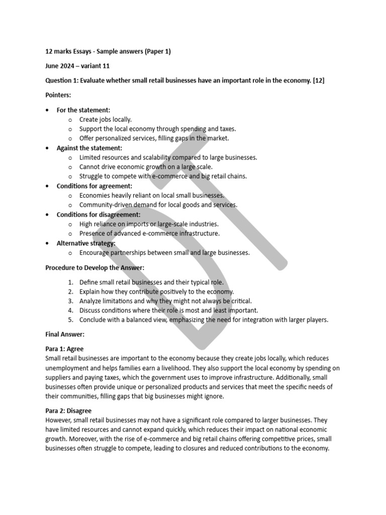 12 Marks Essays - Sample Answers (Paper 1) | PDF | Employment ...