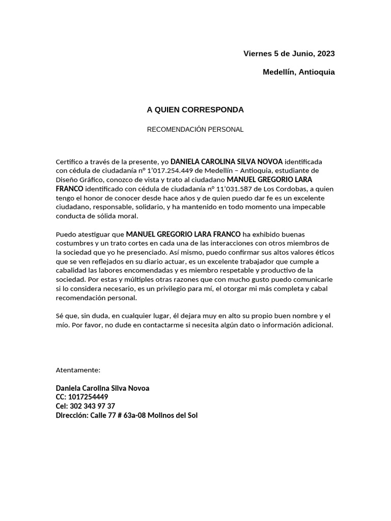 Recomendación Personal para Manuel Lara | PDF