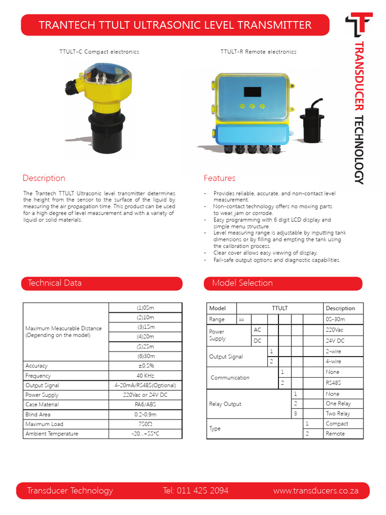 Trantech Ttult Ultrasonic Level Transmitter | PDF | Ultrasound ...