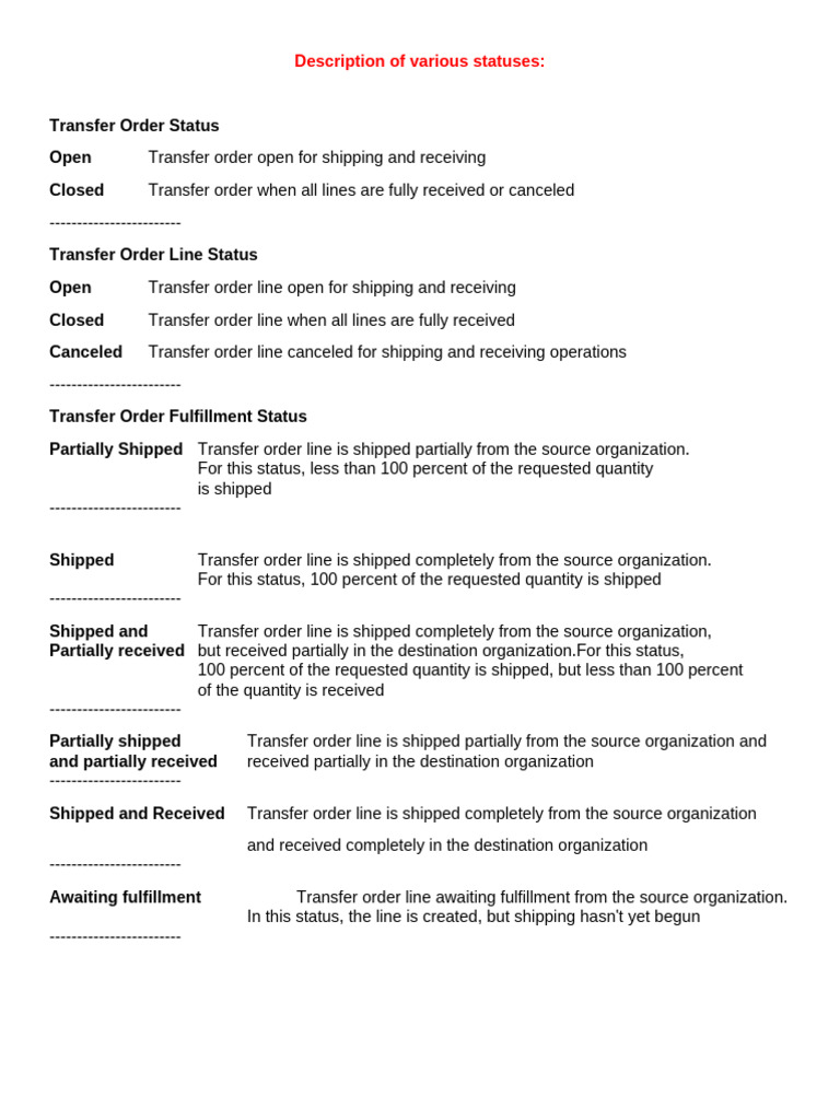 Transfer Order Status Definitions | PDF