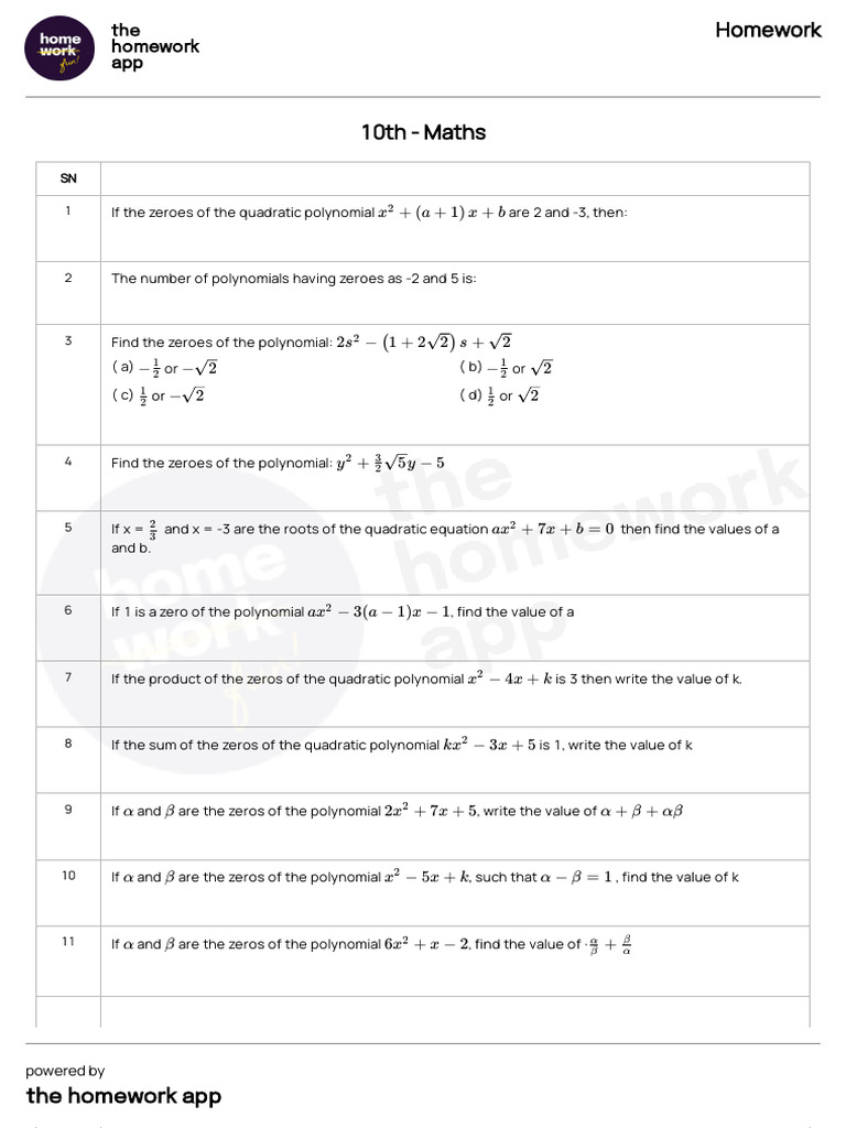 Questions - Homework - 10th - Maths - 2025-04-18T16 - 25 | PDF | Zero ...