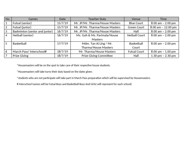 Interhouse Timetable 2019 | PDF