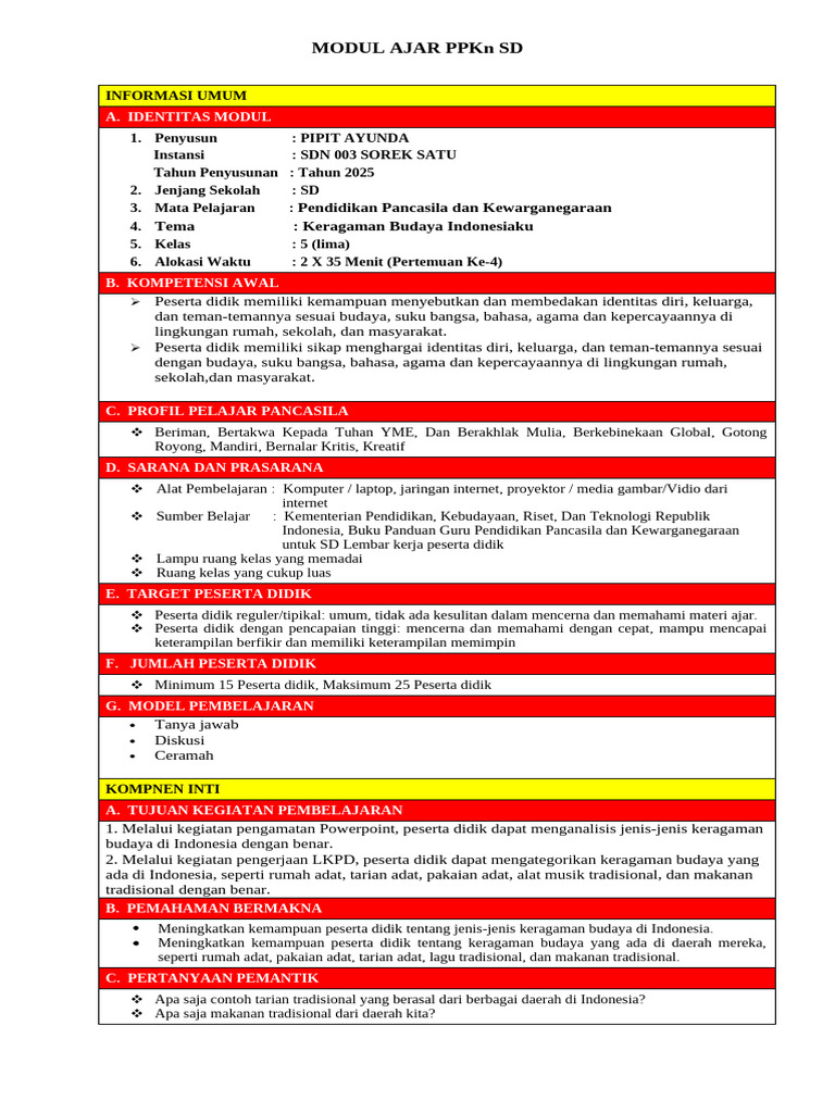 RPP 4 MODUL AJAR PPKn SD | PDF