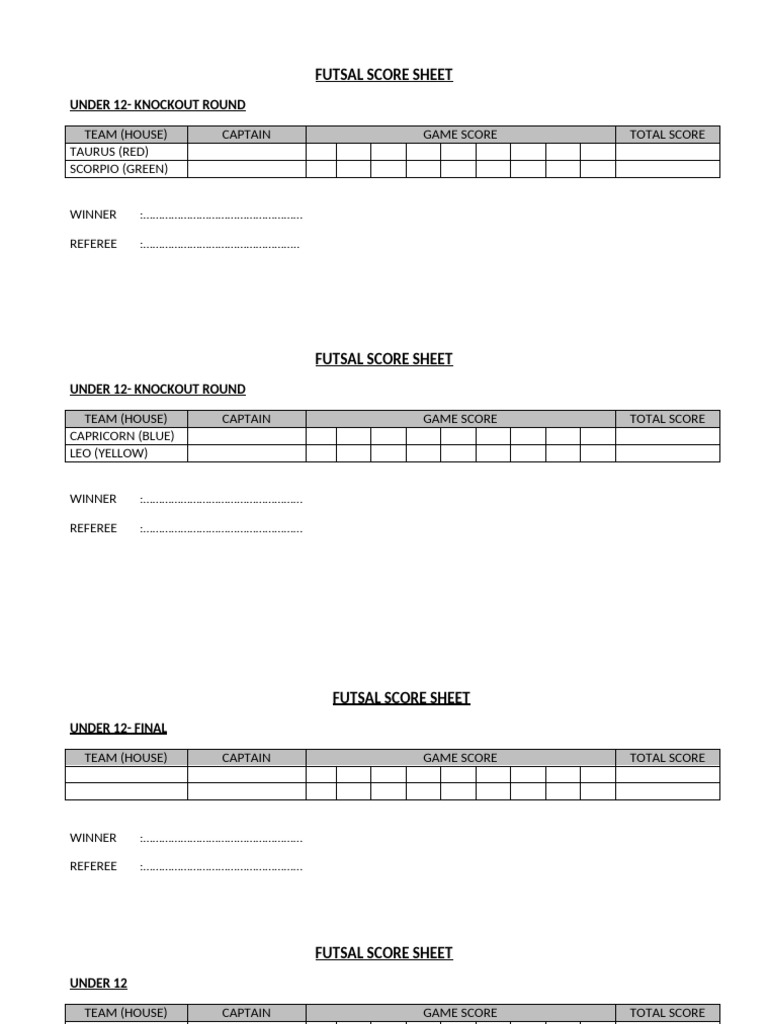 Futsal Score Sheet Under 12 | PDF