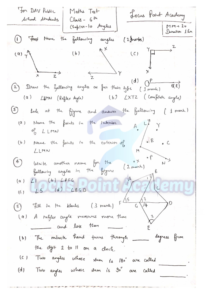 Maths Test - Angles Chapter 10 Dav | PDF