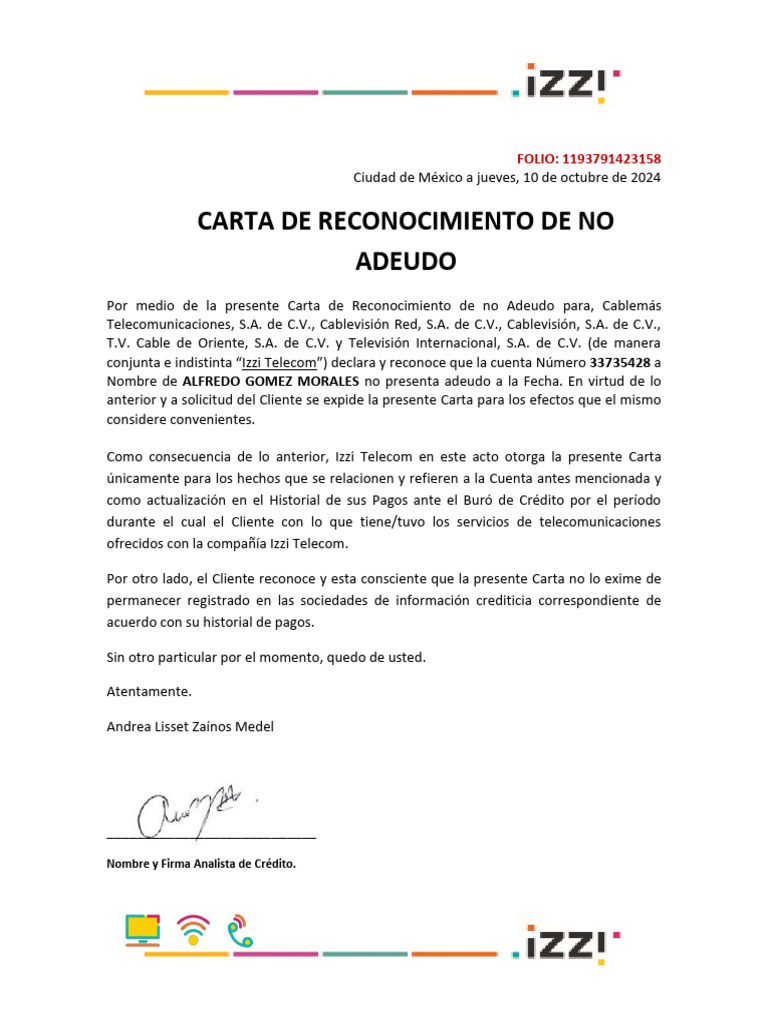 Carta de No Adeudo de Izzi Telecom | PDF