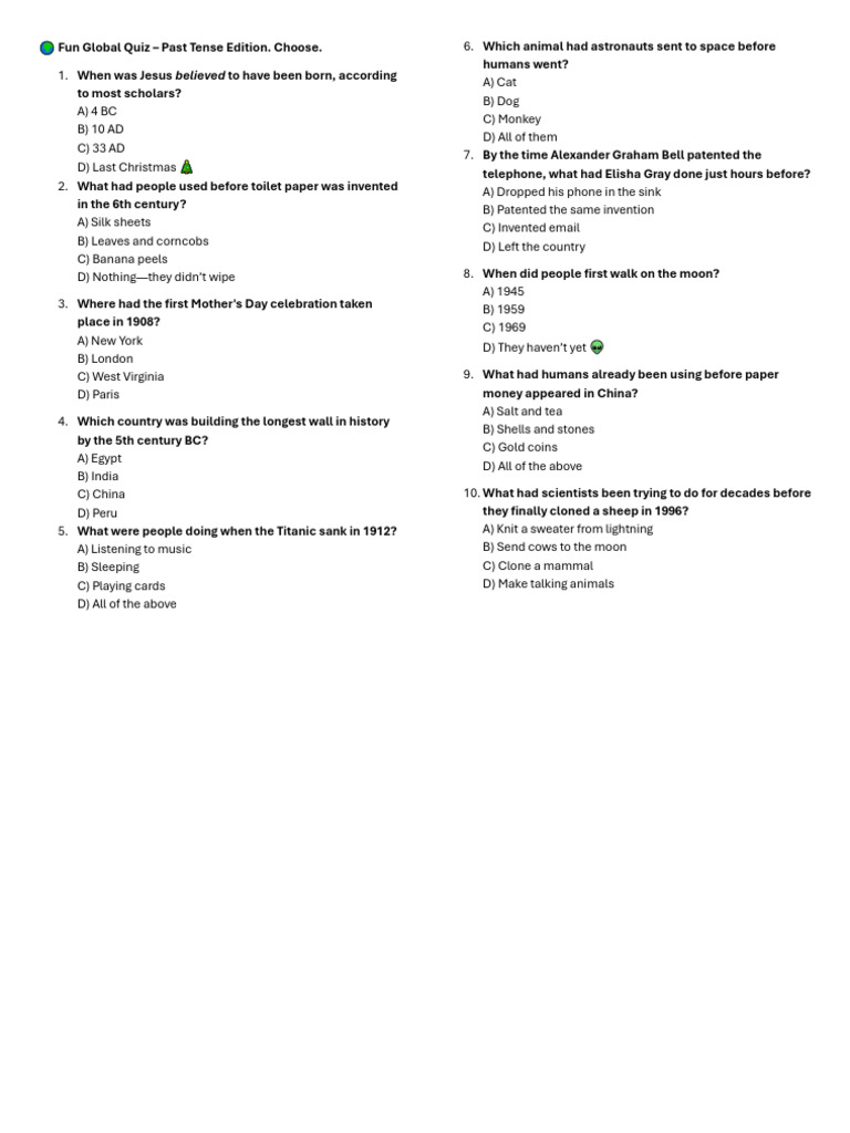 ? Fun Global Quiz - Past Tense Edition | PDF