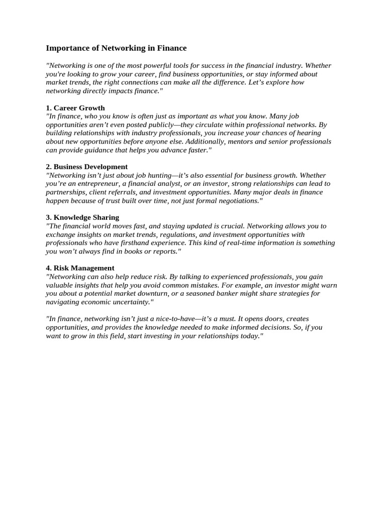 Importance of Networking in Finance | PDF