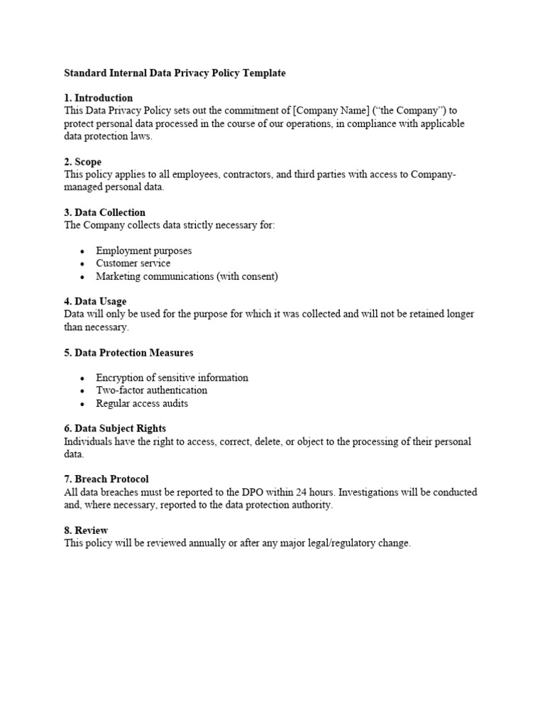 Internal Data Privacy Policy Template | PDF