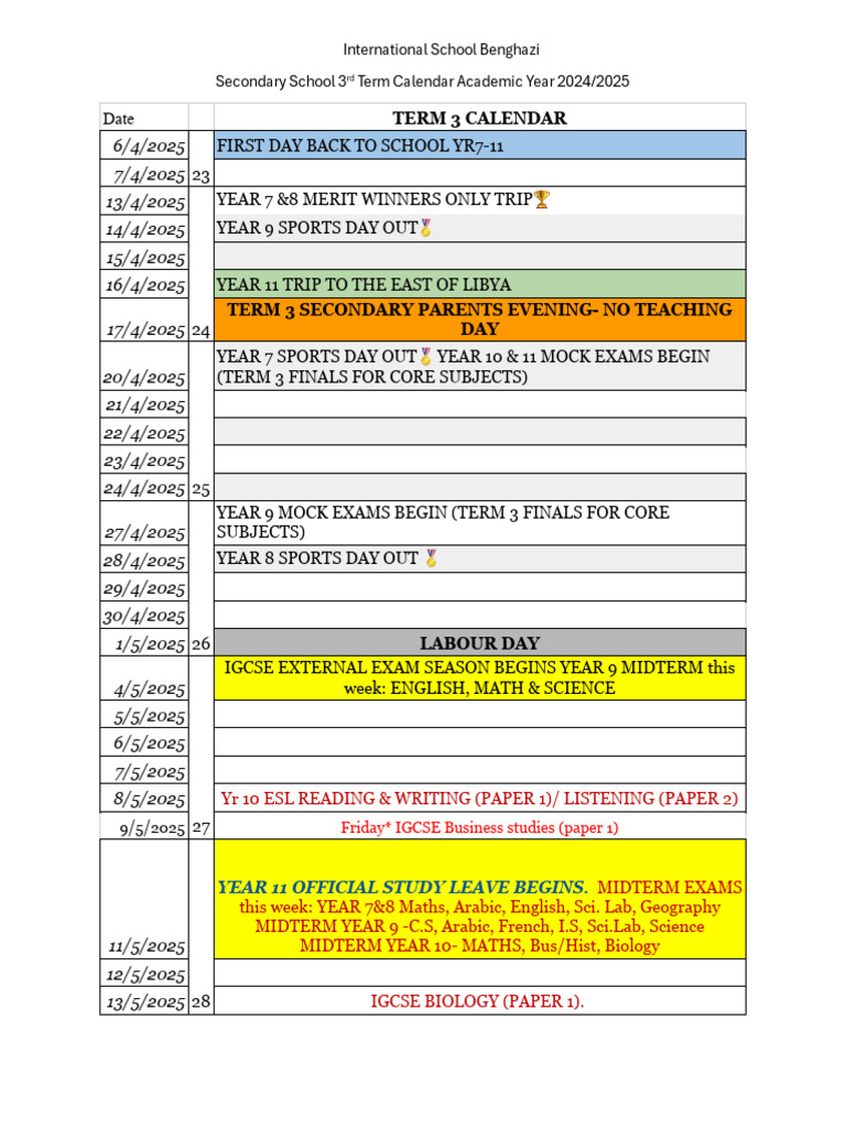 Secondary Term 3 Calendar 24-25 | PDF | Schools | Educational ...