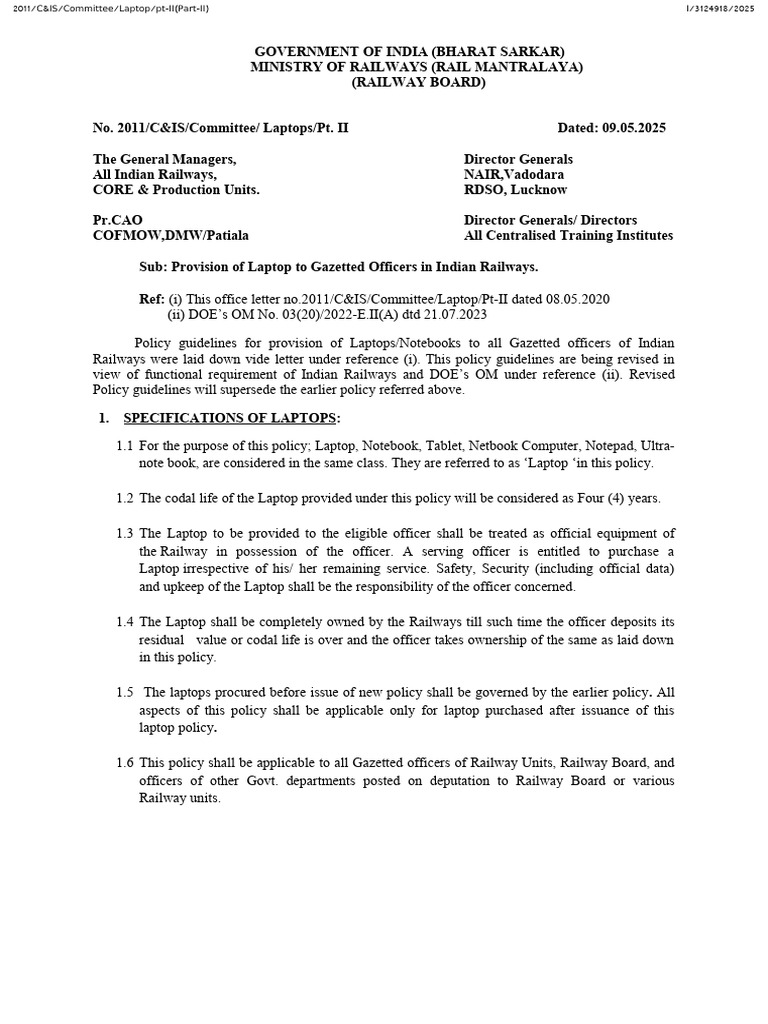 Revised Laptop Policy for Railway Officers | PDF | Depreciation | Laptop