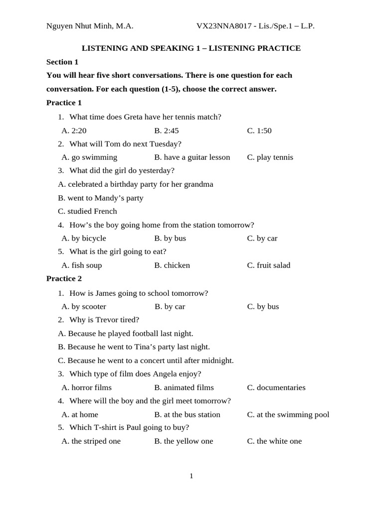 VX24NNA8017 - Lis - Speak 1 - Listening Practice | PDF