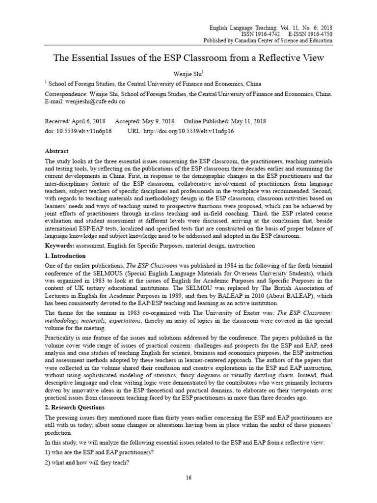 Essential Issues of ESP Classroom | PDF | Educational Assessment | Learning