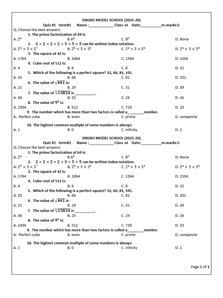 Quiz#1 Class VI 2025-26 Square Cube Root | PDF | Mathematics ...