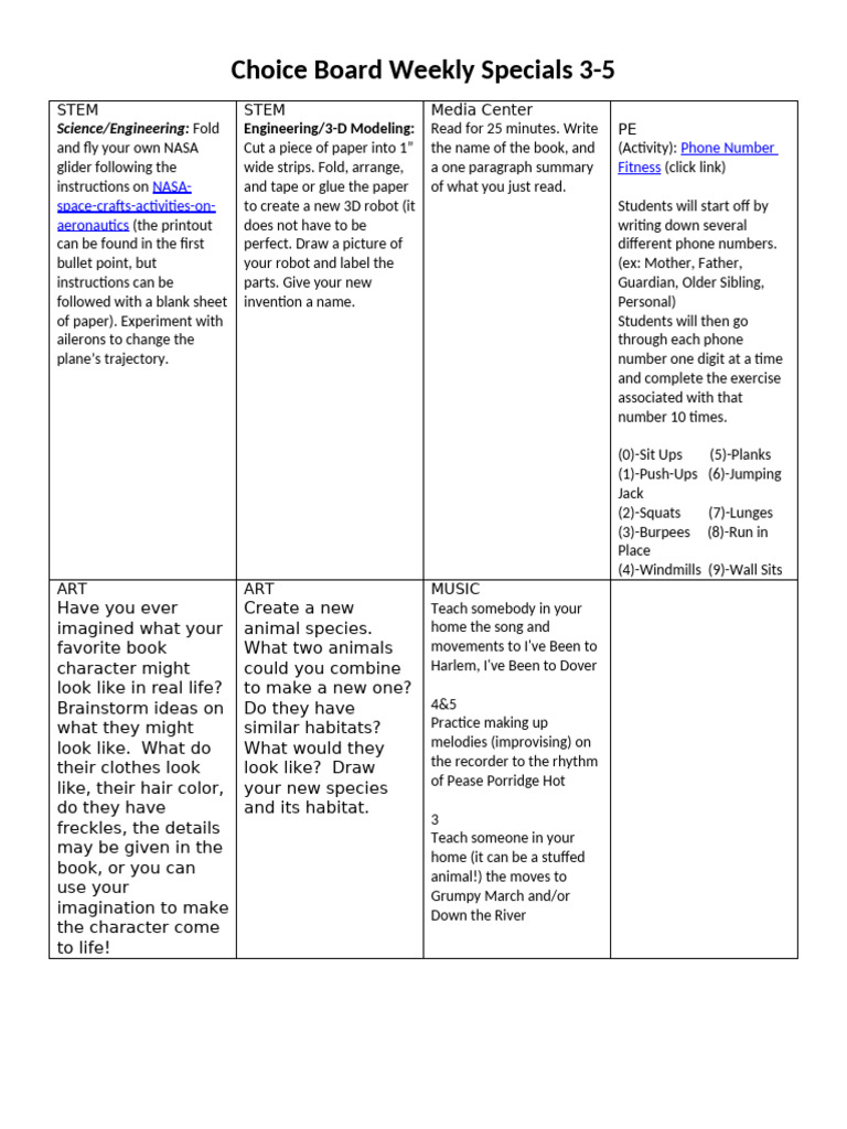 Weekly Specials Choice Board 3-5 | PDF