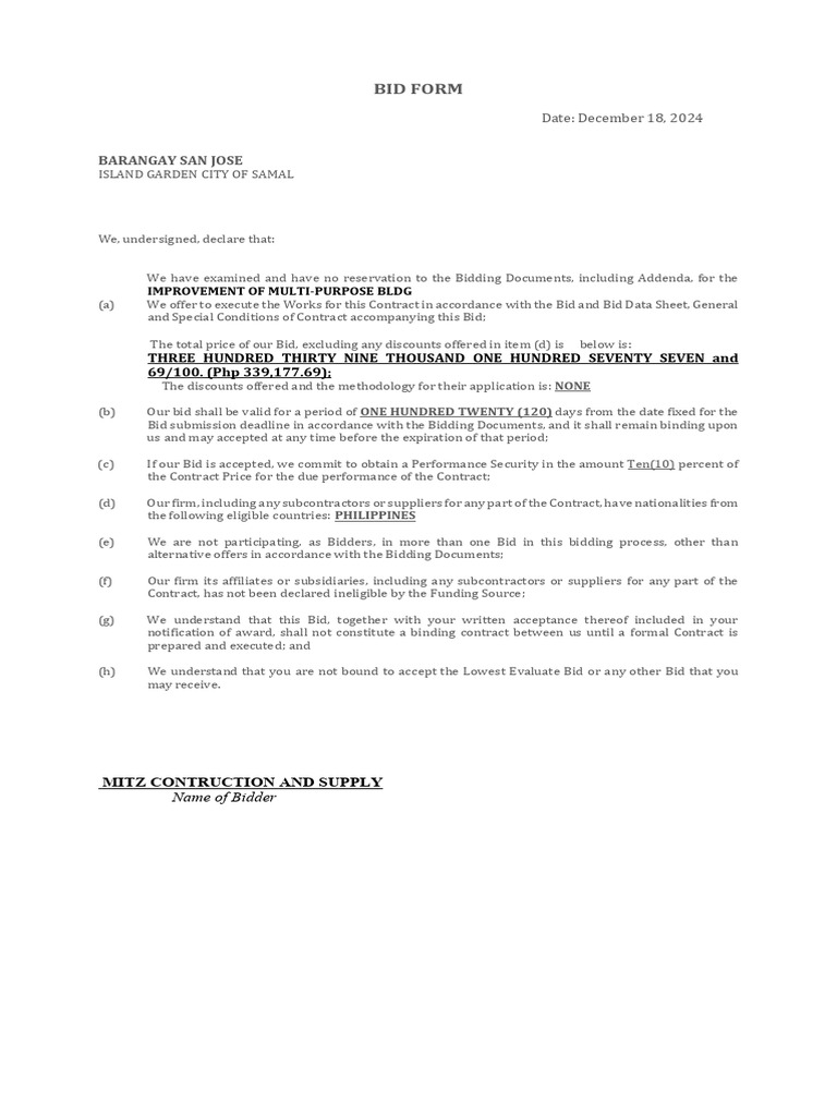 IMPROVEMENT OF MPB (BID FORM FINAL) | PDF