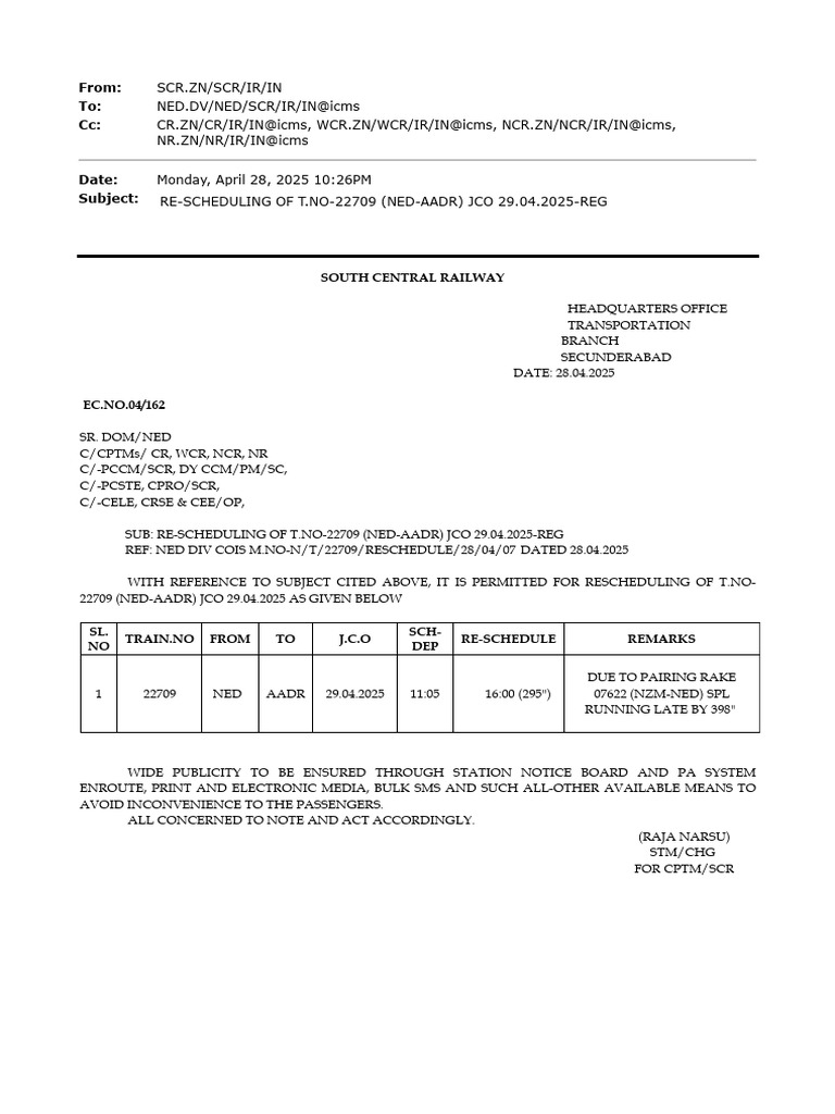 Re-Scheduling of T.no-22709 (Ned-Aadr) Jco 29.04.2025-Reg | PDF