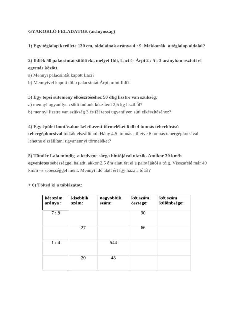 GYAKORLÓ FELADATOK Arányosság | PDF