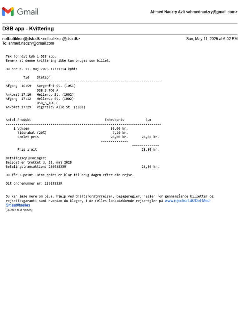 DSB App - Kvittering | PDF