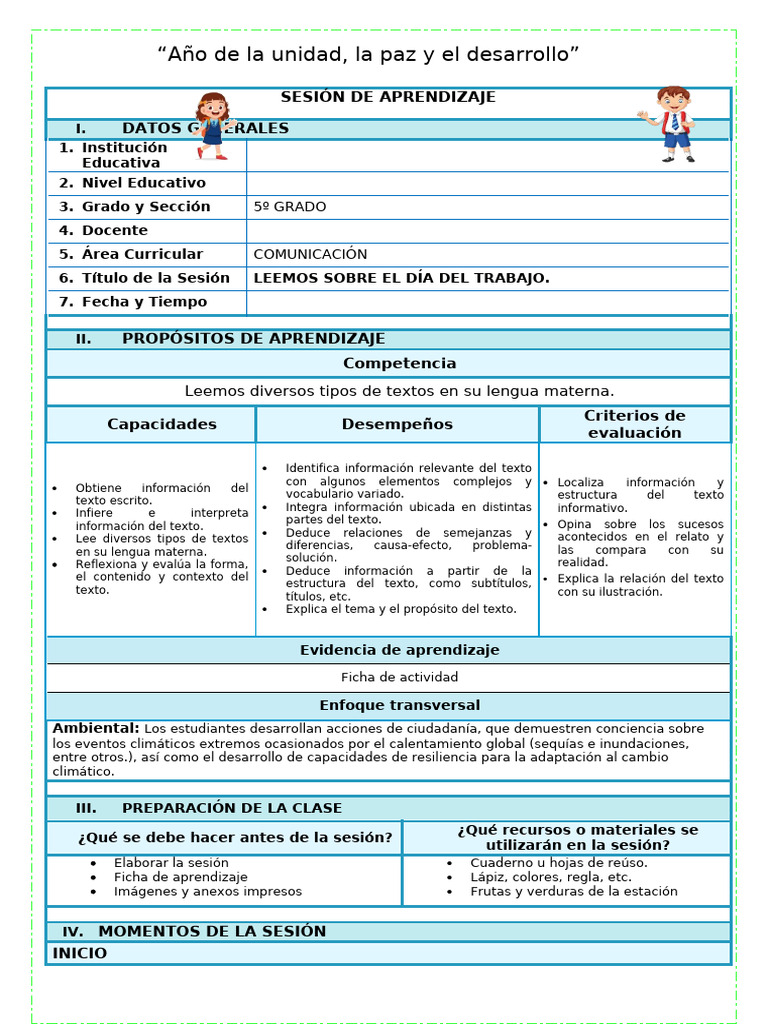 5º Sesión - Fecha Cívica - Leemos Sobre El Día Del Trabajador | PDF