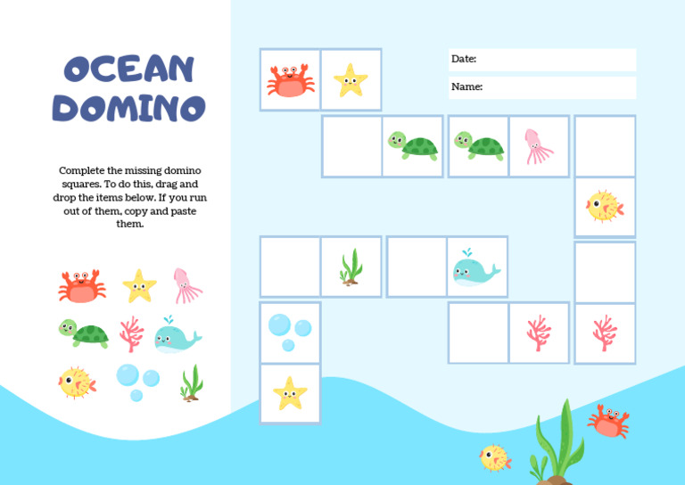 Colorful Cartoon Ocean Domino Math Digital Worksheet | PDF