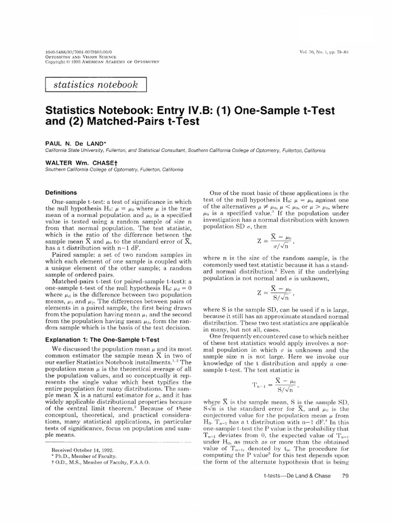 Statistics Notebook Entry IV.B (1) One-Sample T-Test and (2) Matched ...
