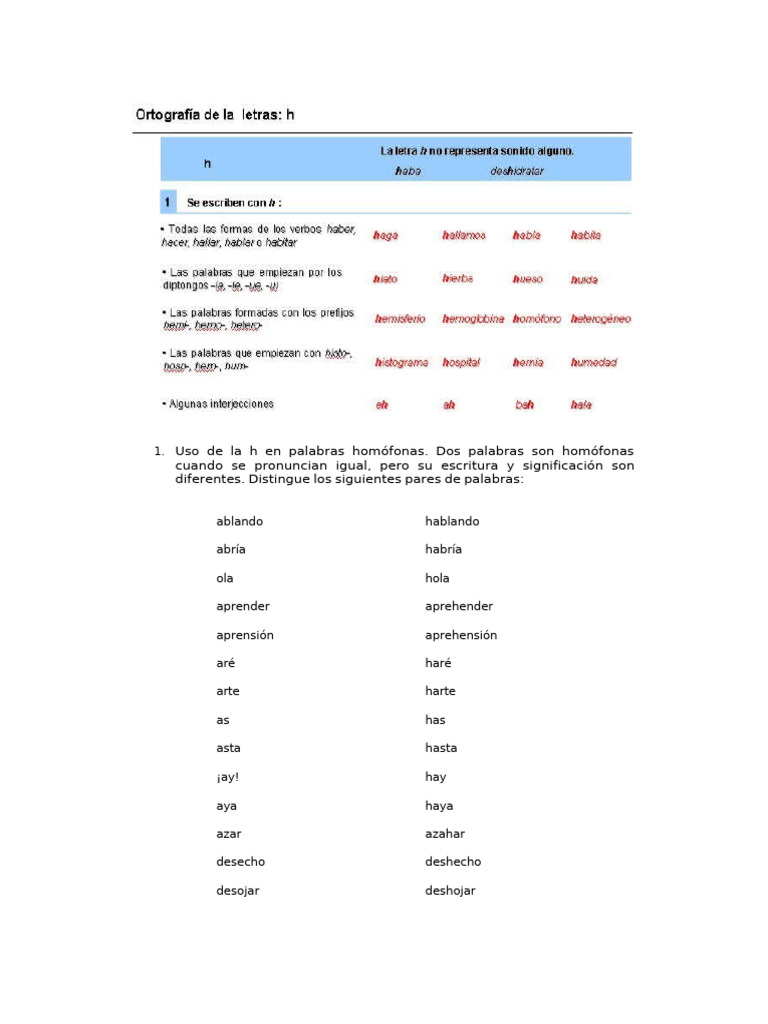 Palabras homófonas con h: ejemplos y uso | PDF