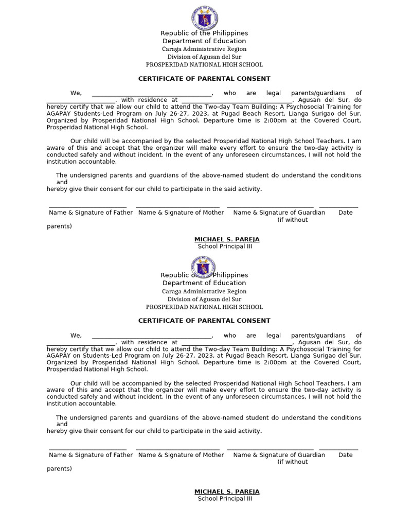 Certificate of Parental Consent for Event | PDF | Mental Health ...