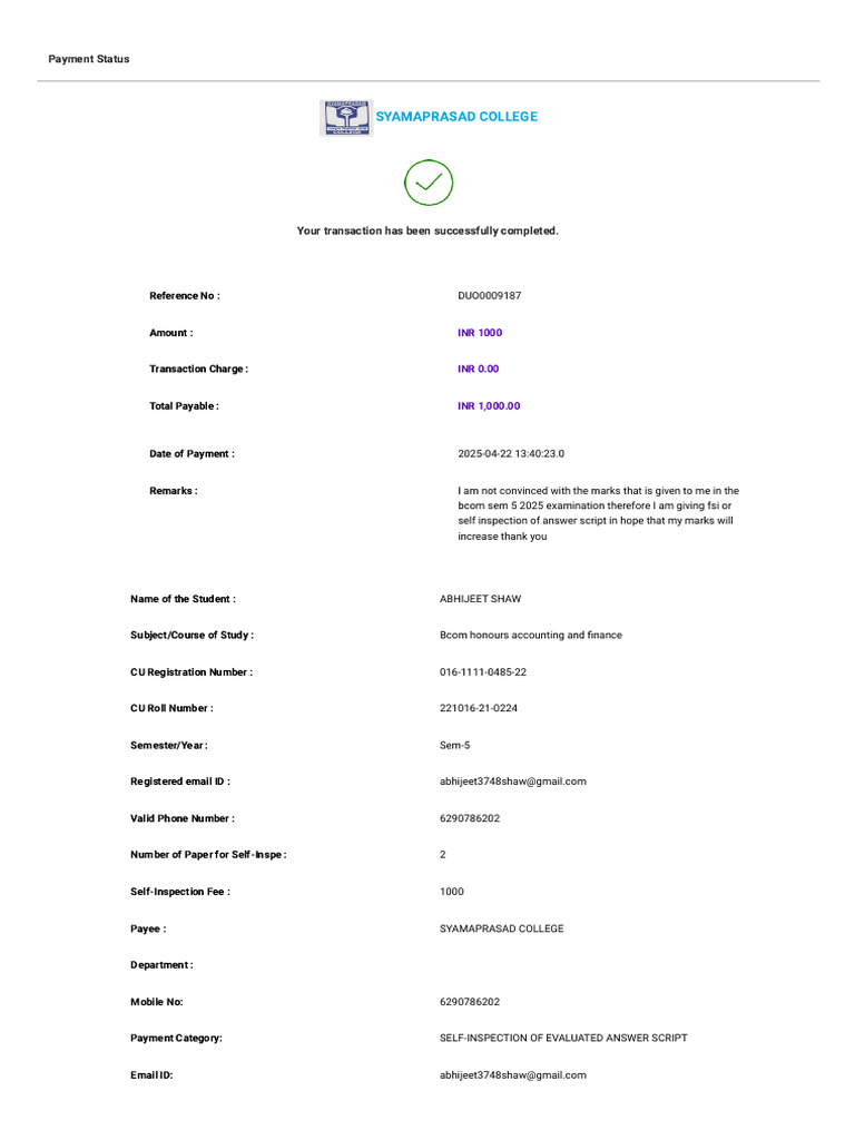 Bcom Sem 5 Fsi or Self Inspection of Answer Script | PDF | Payments | Money