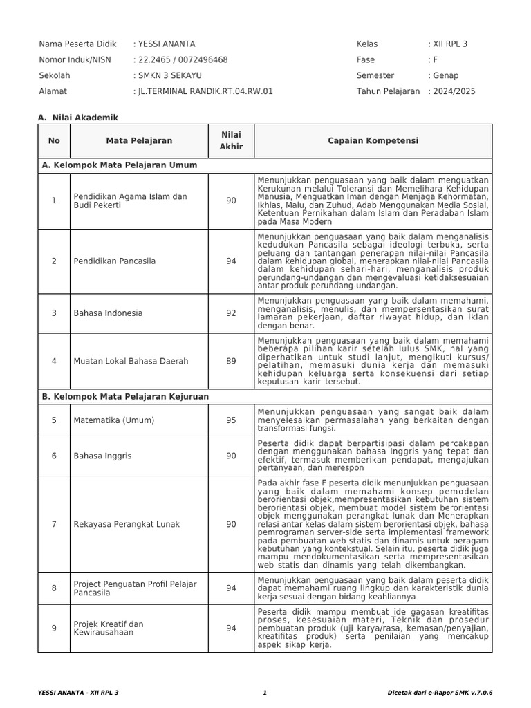 Rapor Yessi Ananta - Xii RPL 3 | PDF