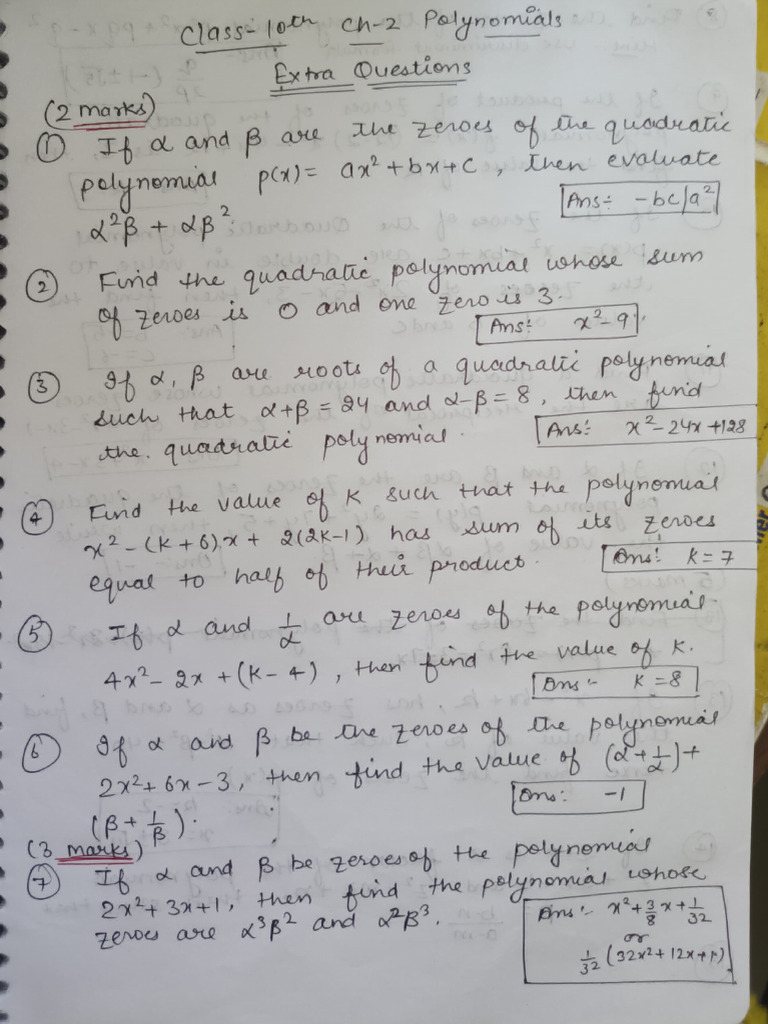 Chapter Polynomial Extra Questions | PDF