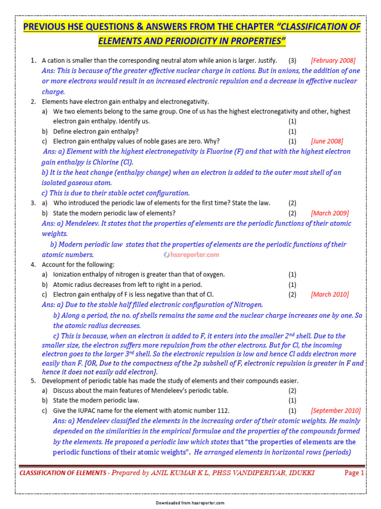 Classification of Elements Q & A 11 Class Kerala State | PDF | Periodic ...