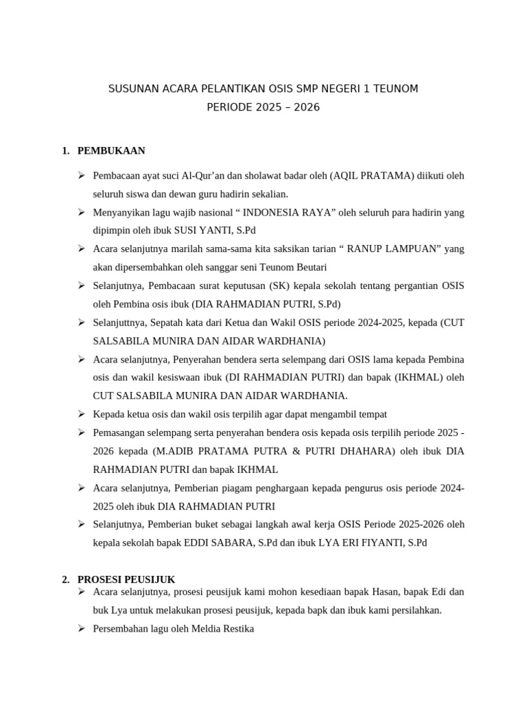 SUSUNAN ACARA PELANTIKAN OSIS SMP NEGERI 1 TEUNOM | PDF