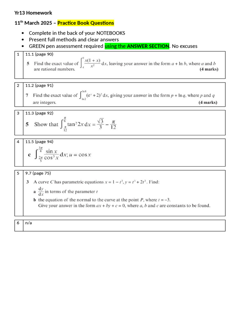 Yr13 Homework Practice Questions | PDF