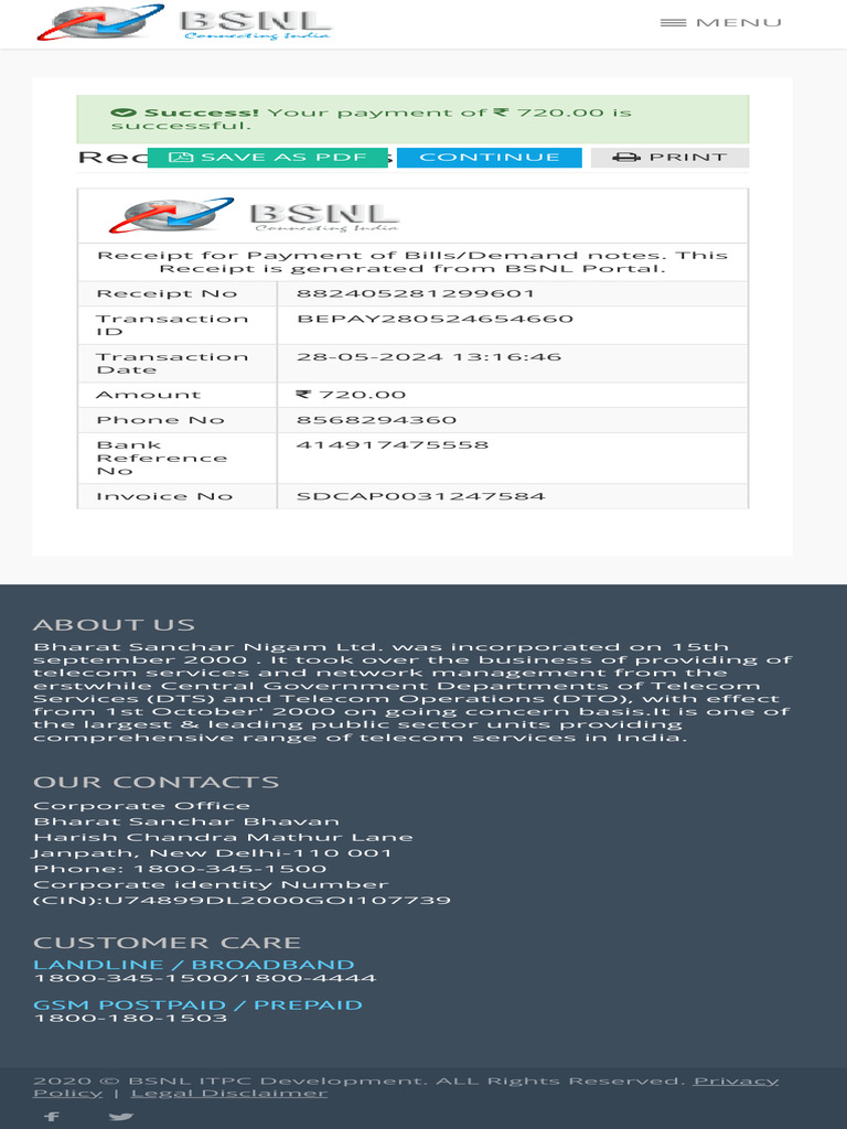 Receipt Details BSNL Portal | PDF