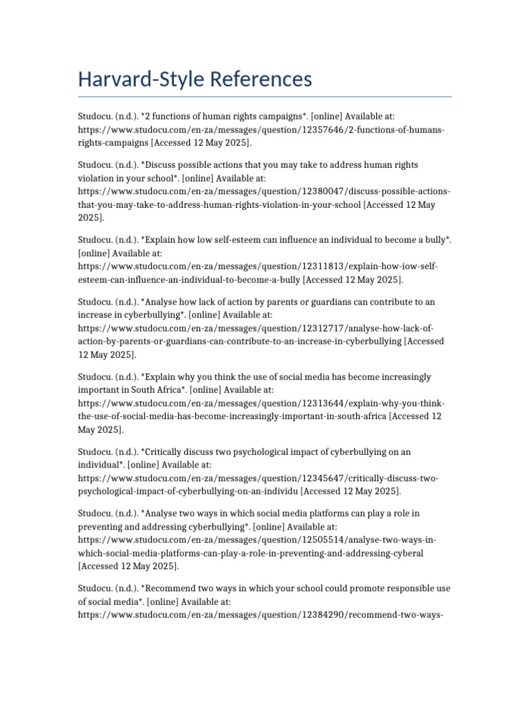 Harvard Style References Studocu | PDF | Cyberbullying | Behavioural ...