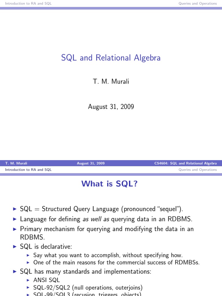 Lecture 03 Intro SQL Relational Algebra | PDF | Relational Model | Sql