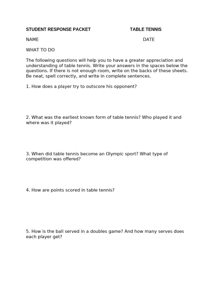 Student Response Packet Table Tennis | PDF