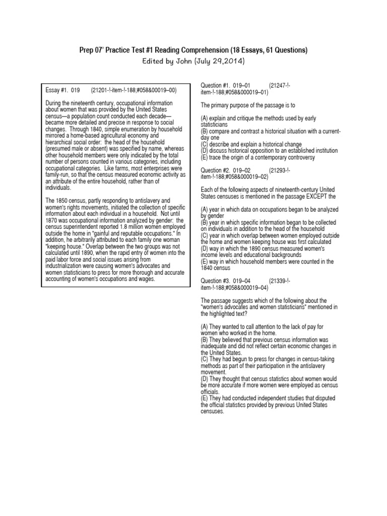 Prep07 Practice1 RC CleanQuestion | PDF | Feminism | Gender Studies