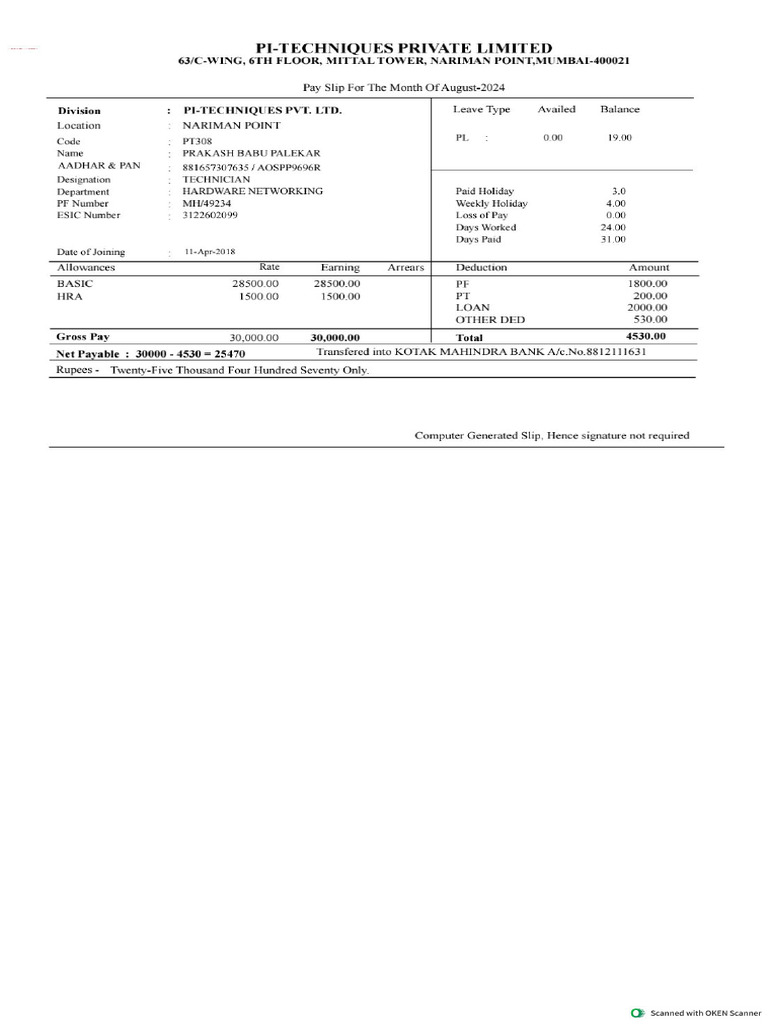 Payslip Aug'24 PT308 | PDF
