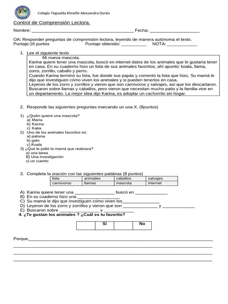 Control de Comprensión Lectora 1 | PDF