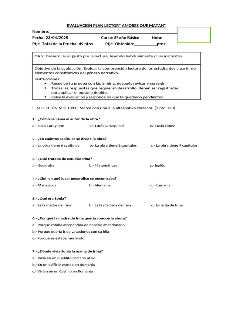 EVALUACIÓN PLAN LECTOR OCTAVO (3) | PDF