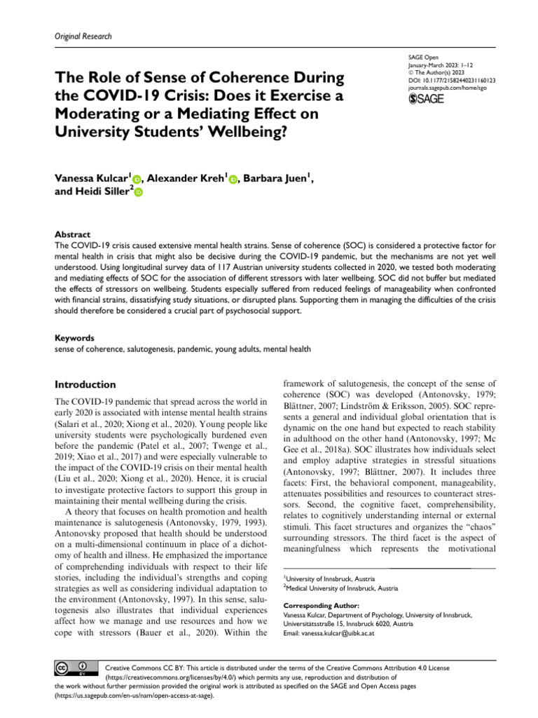 The Role of Sense of Coherence During The COVID-19 | PDF | Stress ...