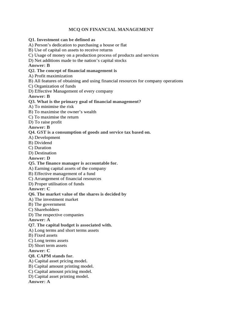 MCQ Financial Management | PDF | Leverage (Finance) | Financial Risk