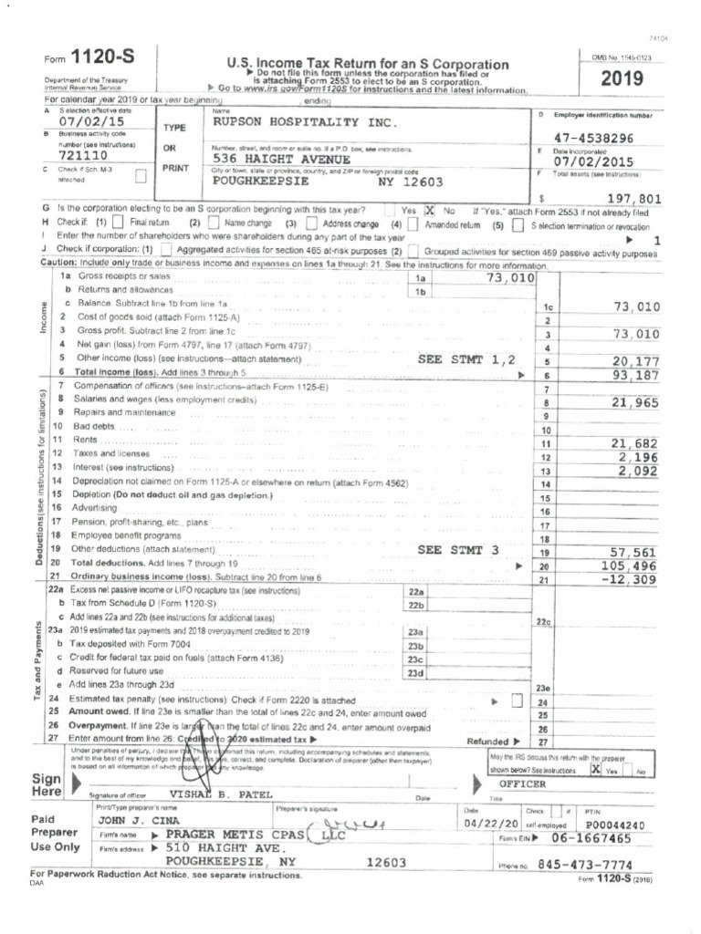 2019 Tax Return Rupson Hospitality | PDF